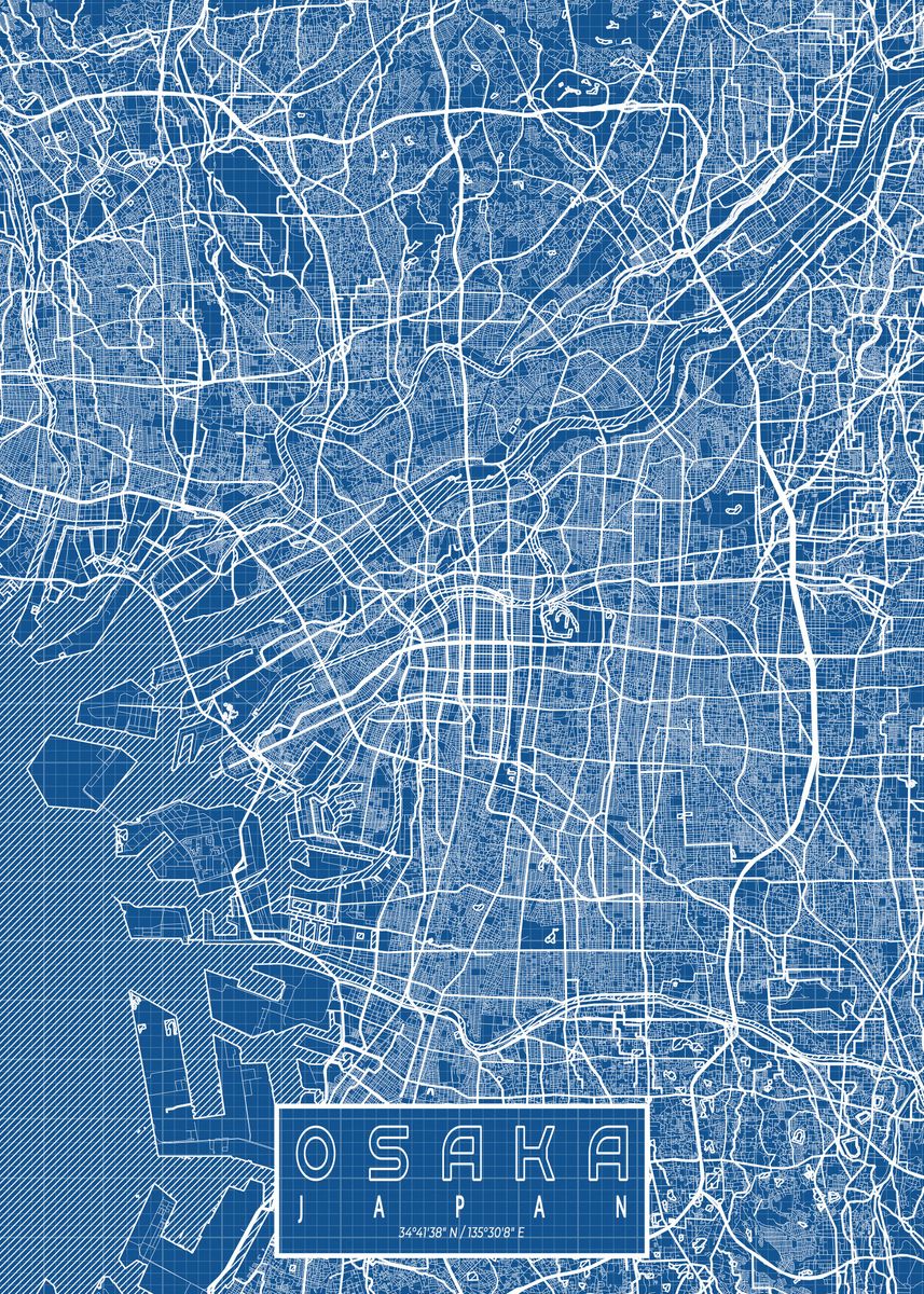 'Osaka City Map Blueprint' Poster, picture, metal print, paint by deMAP ...