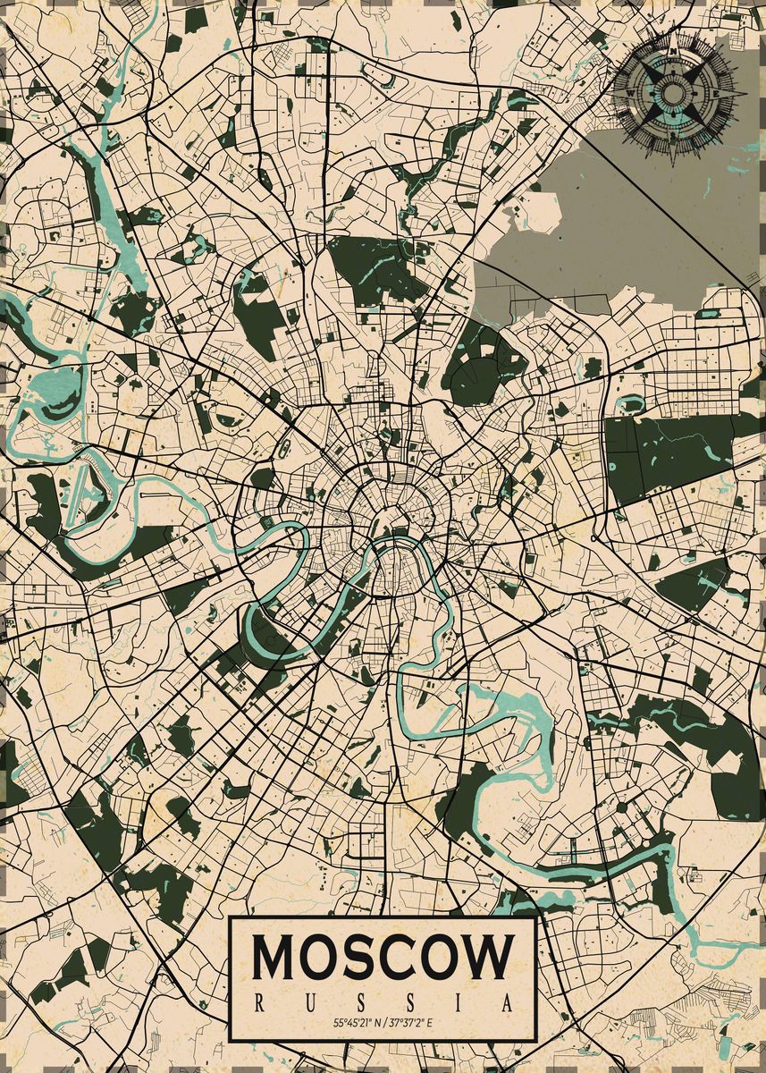 'Moscow City Map Vintage' Poster, picture, metal print, paint by deMAP ...