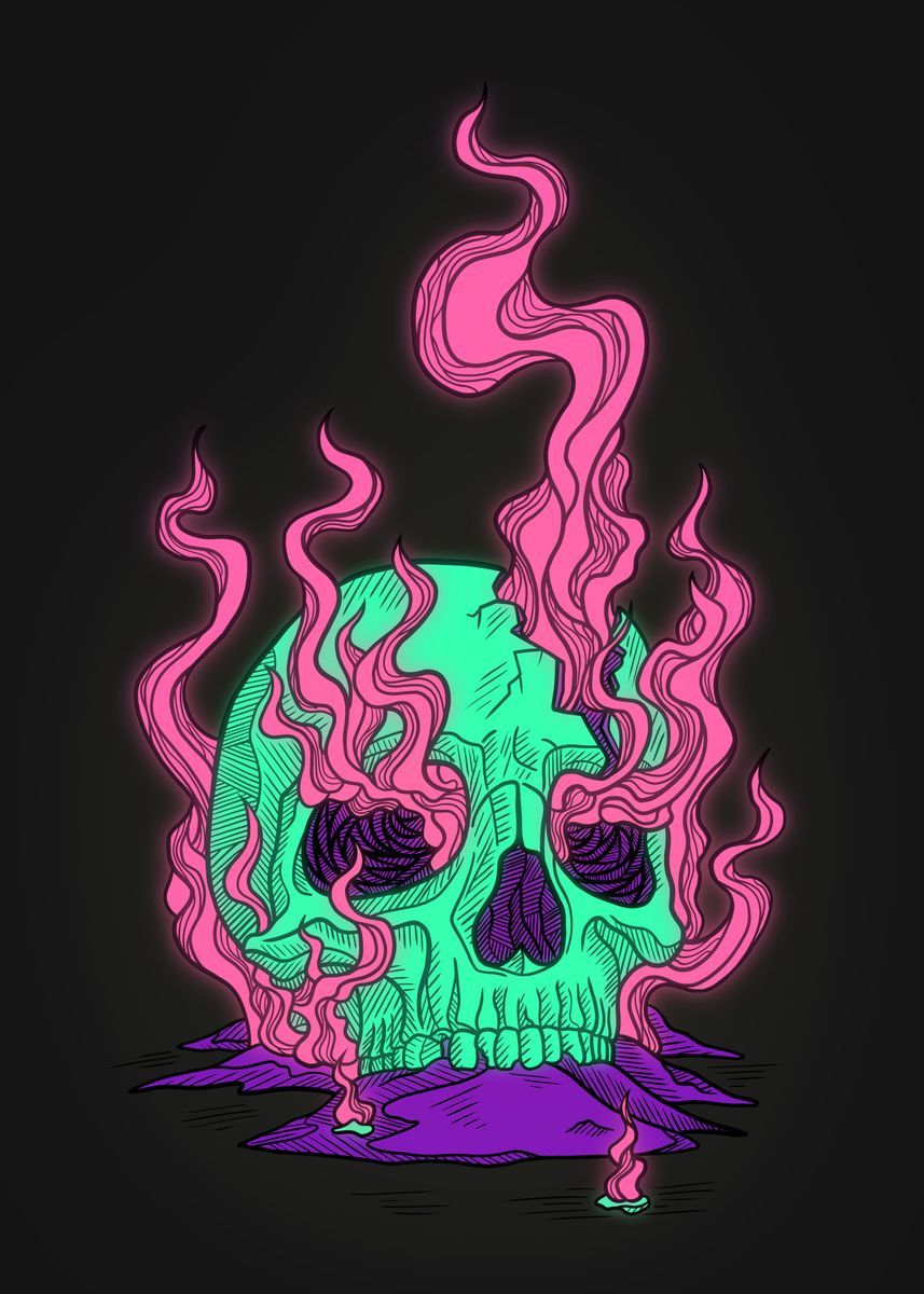 'Neon Flame Skull' Poster, picture, metal print, paint by Patrik Fuxa ...