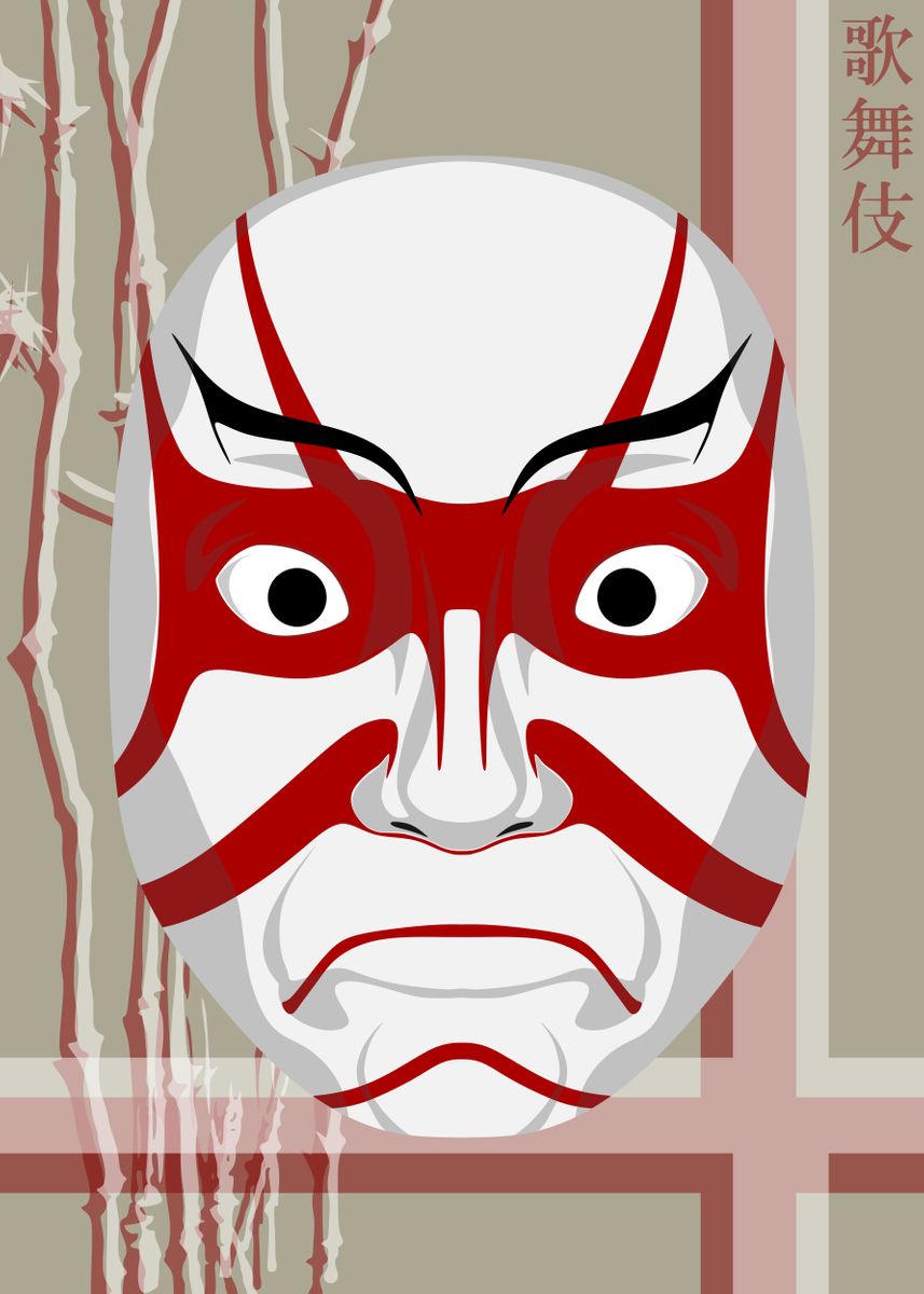 'Kabuki Mask Rice Paper 16' Poster, picture, metal print, paint by Josh ...