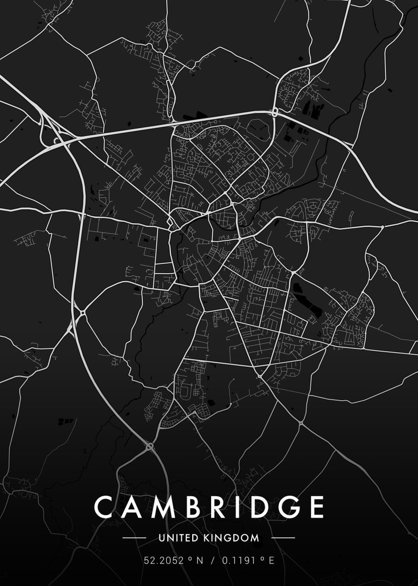 'Cambridge City Map Dark' Poster, picture, metal print, paint by MVDZ ...