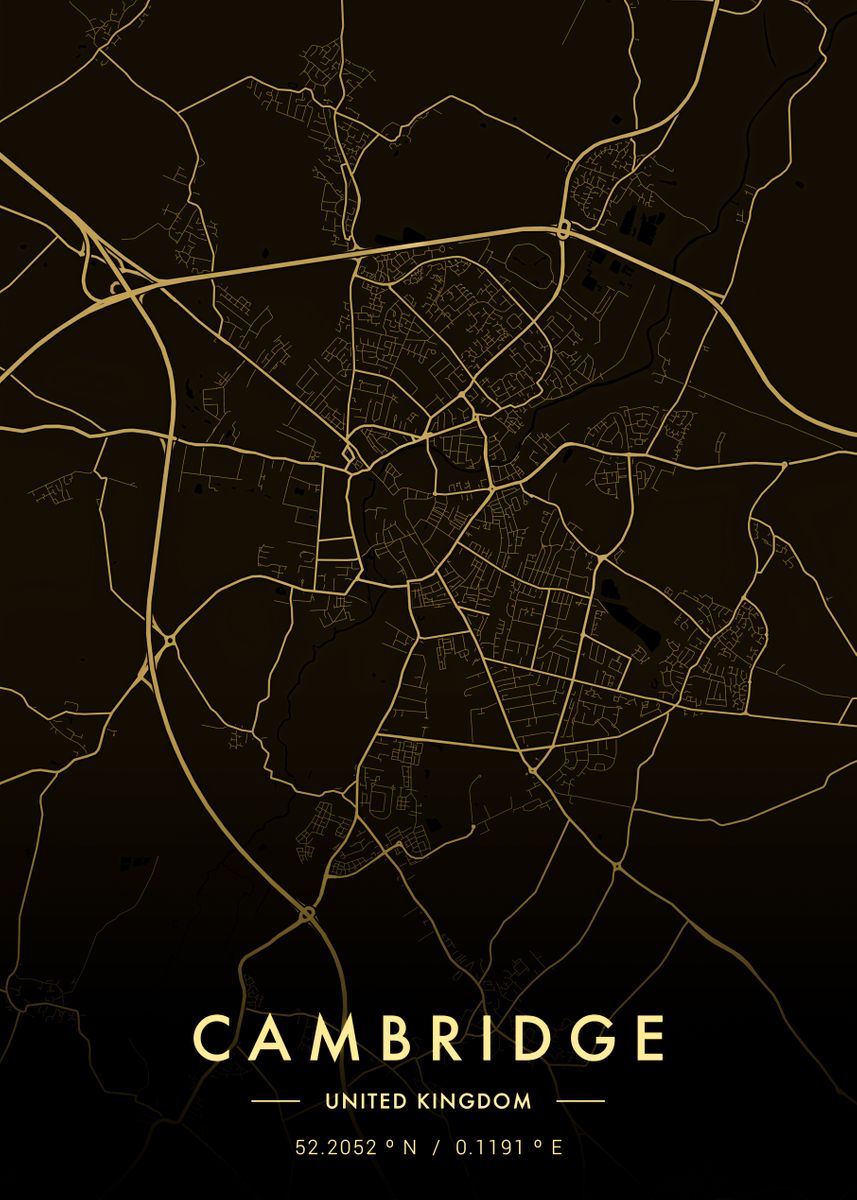 'Cambridge City Map Gold' Poster, picture, metal print, paint by MVDZ ...