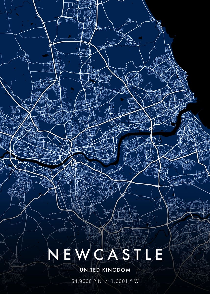 'Newcastle City Map Blue' Poster, picture, metal print, paint by MVDZ ...