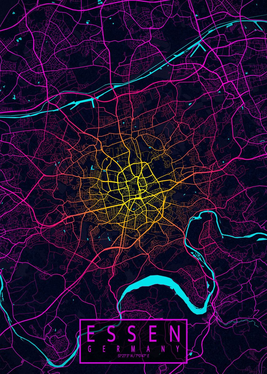 'Essen City Map Neon' Poster by deMAP Studio | Displate