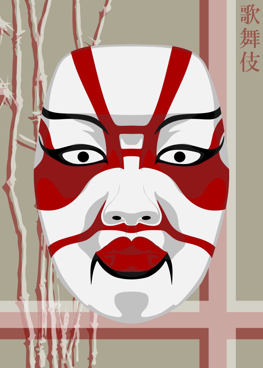 'Kabuki Mask Rice Paper 37' Poster, picture, metal print, paint by Josh ...