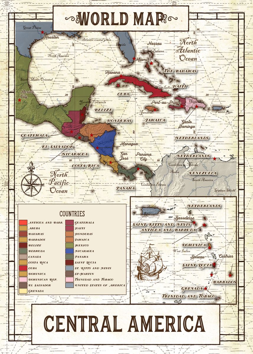 'Map Of Central America' Poster, picture, metal print, paint by Sam Kal ...