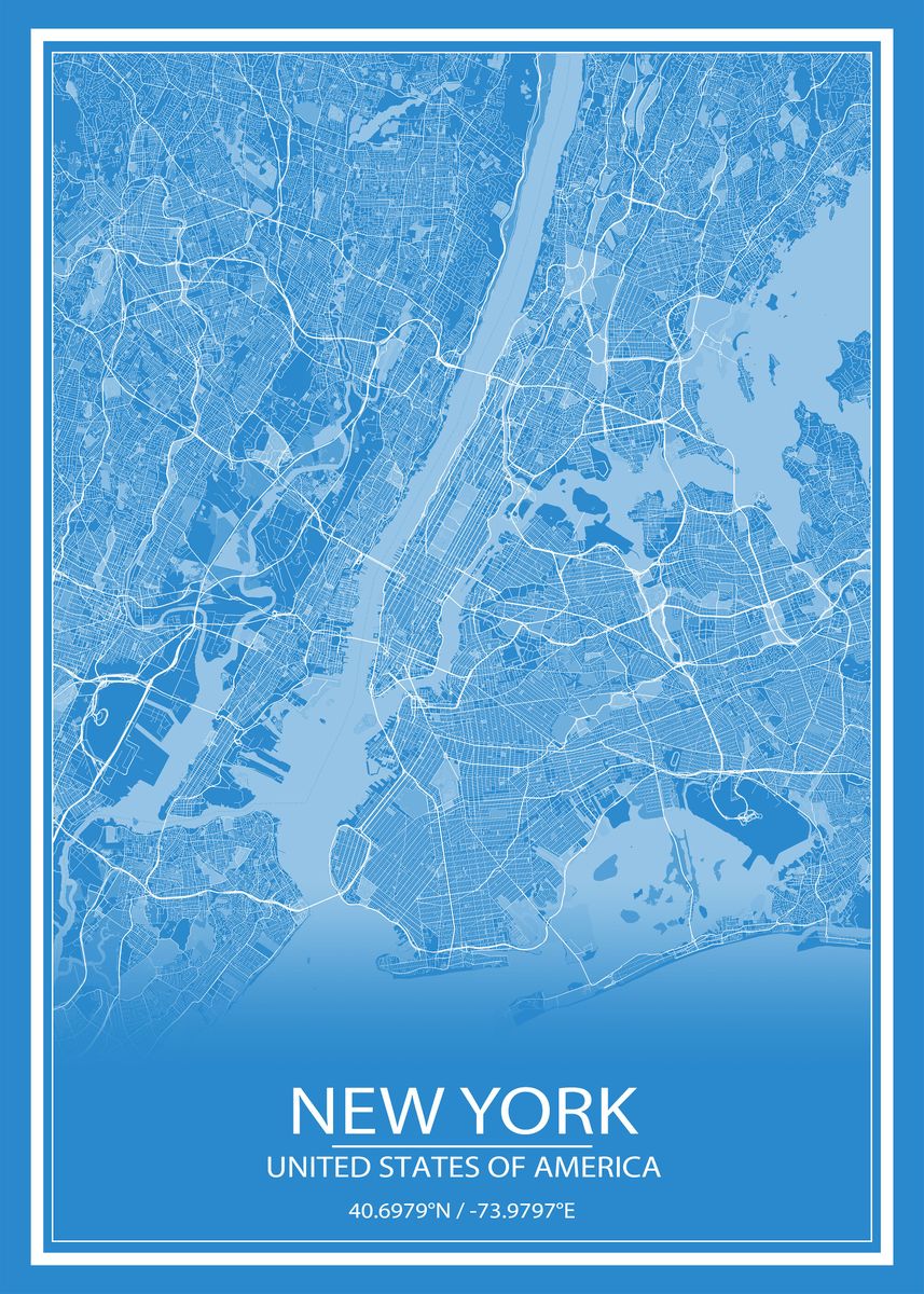 'New York Blue White Map' Poster, picture, metal print, paint by Wall ...