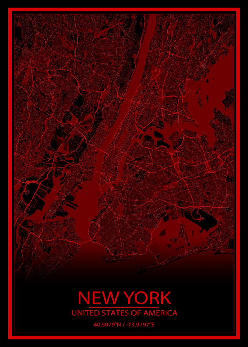 'New York Red Black Map' Poster, picture, metal print, paint by Wall ...