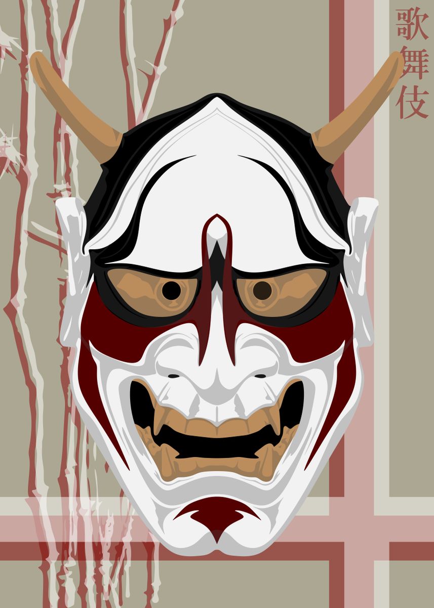 'Kabuki Mask Rice Paper 49' Poster, picture, metal print, paint by Josh ...