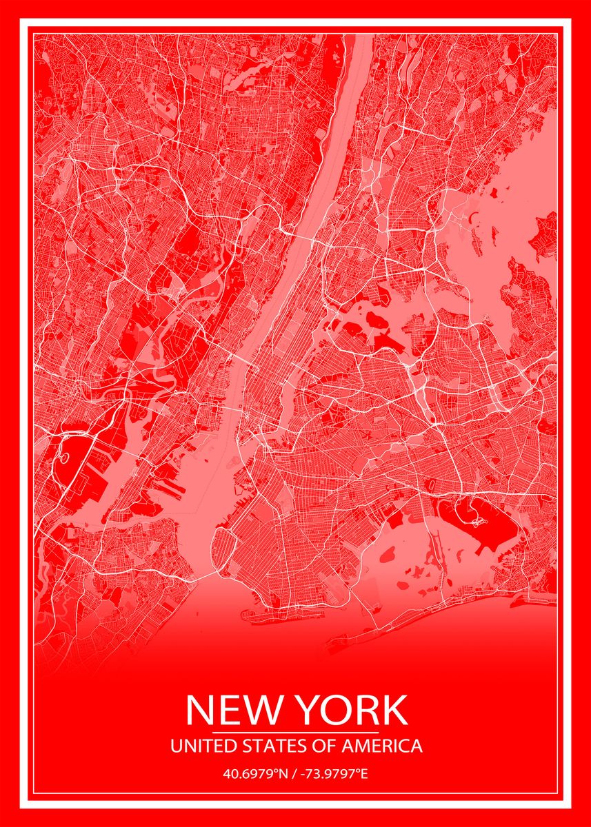 'New York Red White Map' Poster, picture, metal print, paint by Wall ...
