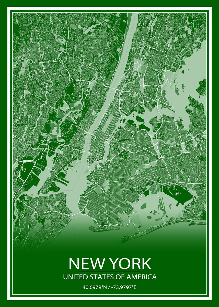 'New York Green White map' Poster, picture, metal print, paint by Wall ...
