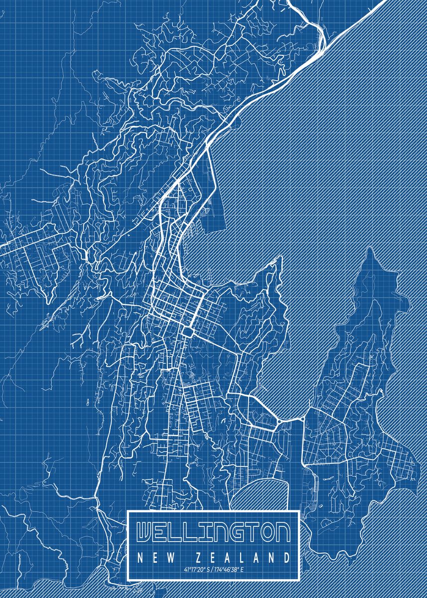 'Wellington Map Blueprint' Poster, picture, metal print, paint by deMAP ...