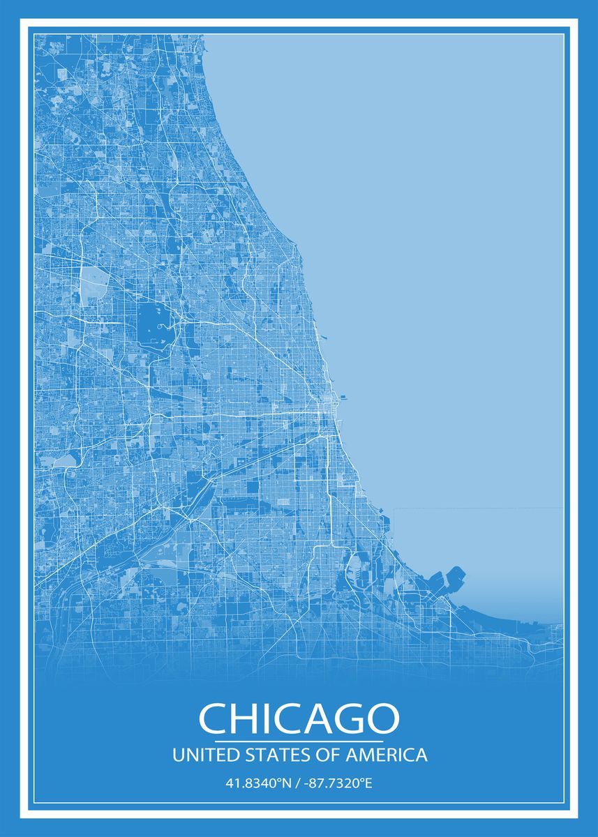 'Chicago Blue and White Map' Poster, picture, metal print, paint by ...