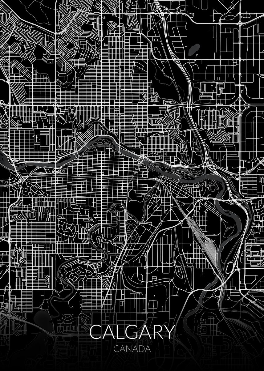 'Calgary Map Black' Poster, picture, metal print, paint by dkDesign ...