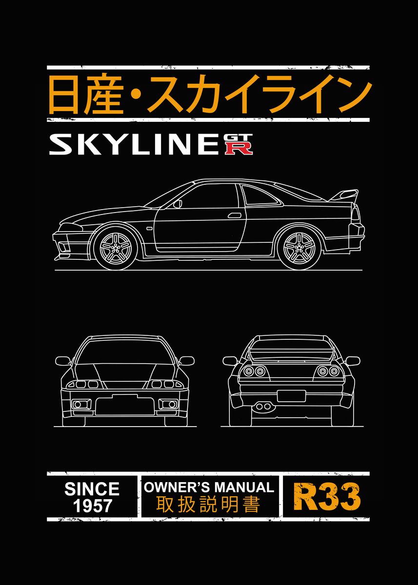 'Skyline R33 Blueprint' Poster, picture, metal print, paint by ...