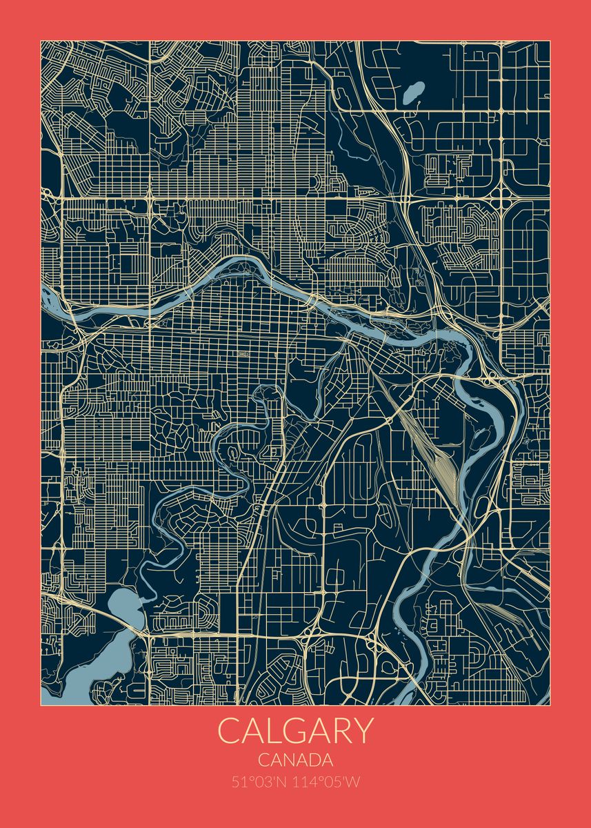'Calgary Map Red Blue' Poster, picture, metal print, paint by dkDesign ...