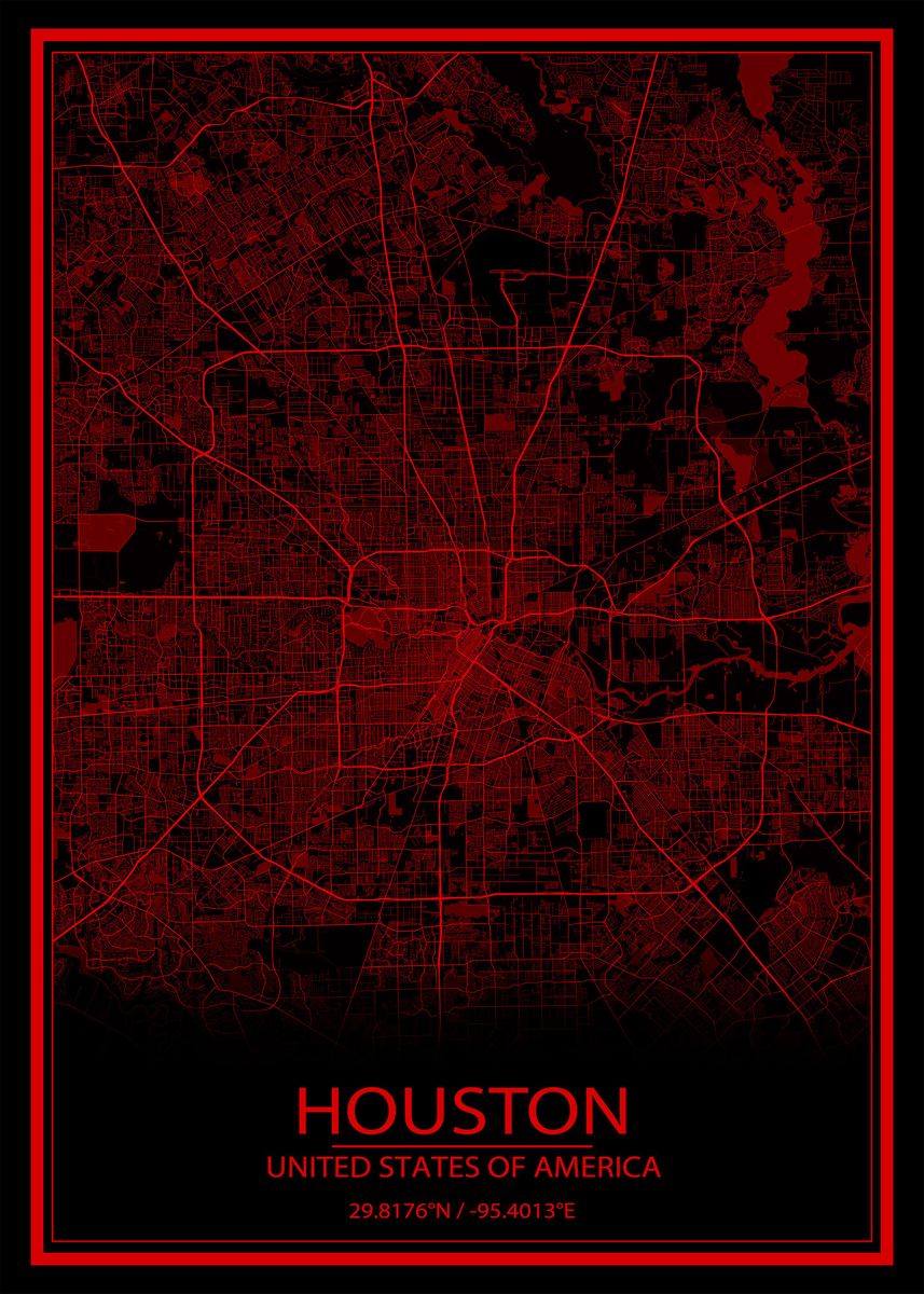 'Houston Black and Red Map' Poster by Wall Art Physical | Displate