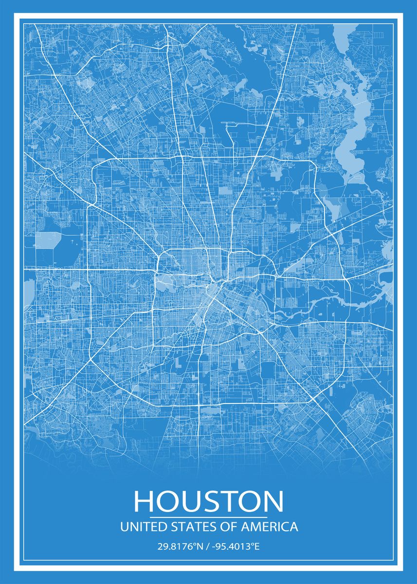 'Houston Blue and White Map' Poster, picture, metal print, paint by ...