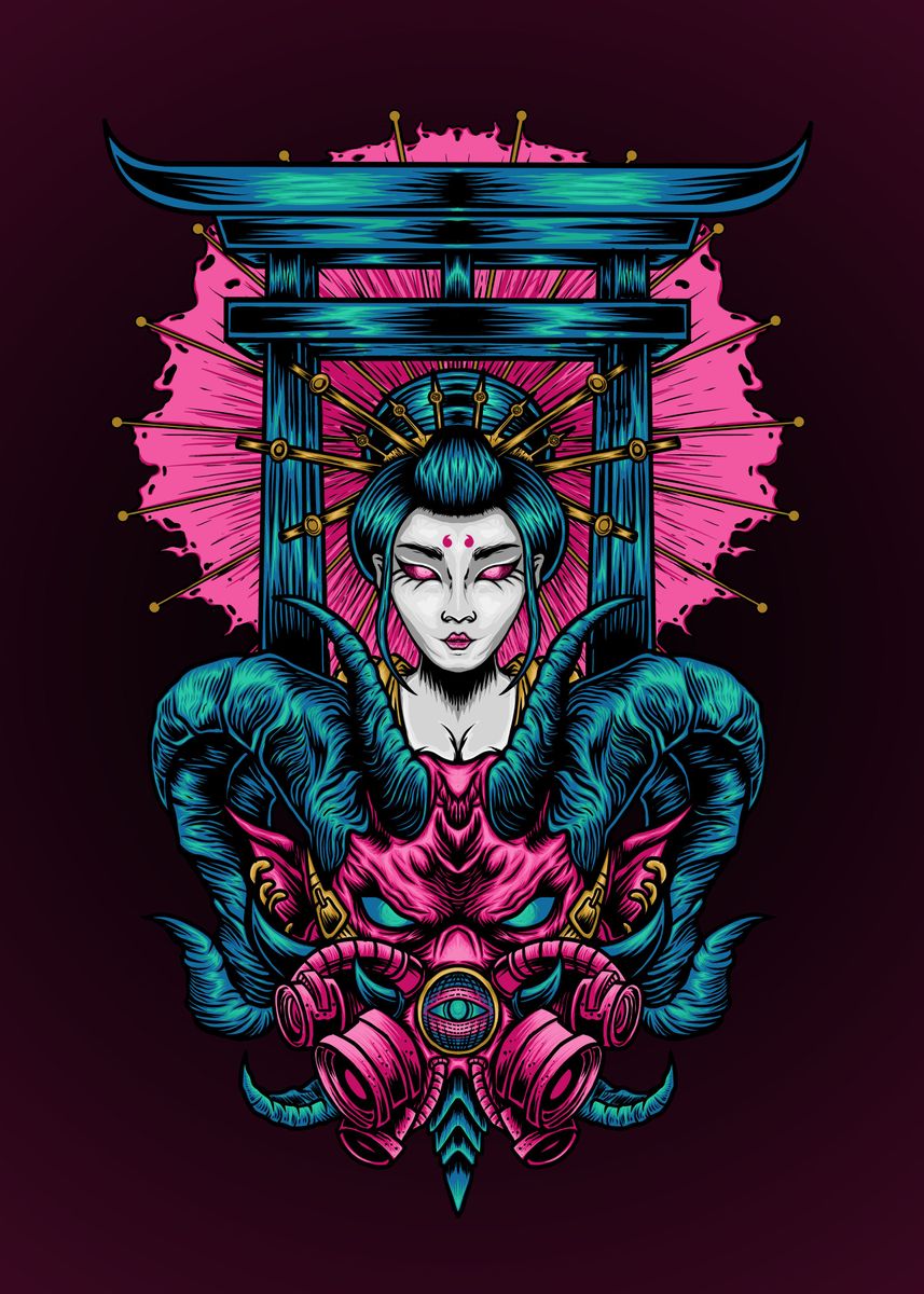 'Cyber Geisha with Gas Mask' Poster, picture, metal print, paint by ...