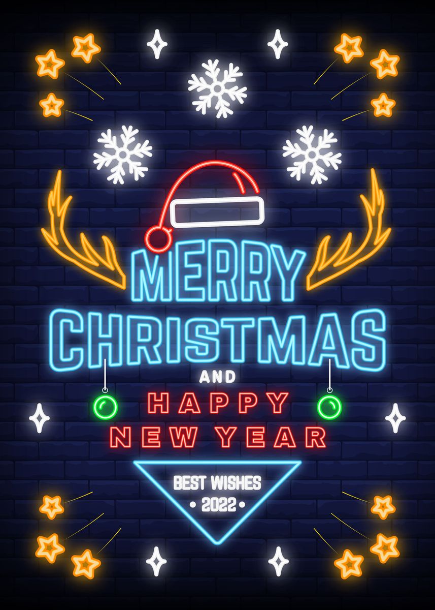 'Merry Christmas Neon Light' Poster, picture, metal print, paint by ...