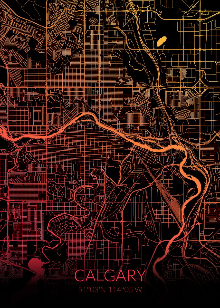 'Calgary Map Black Orange' Poster, picture, metal print, paint by ...