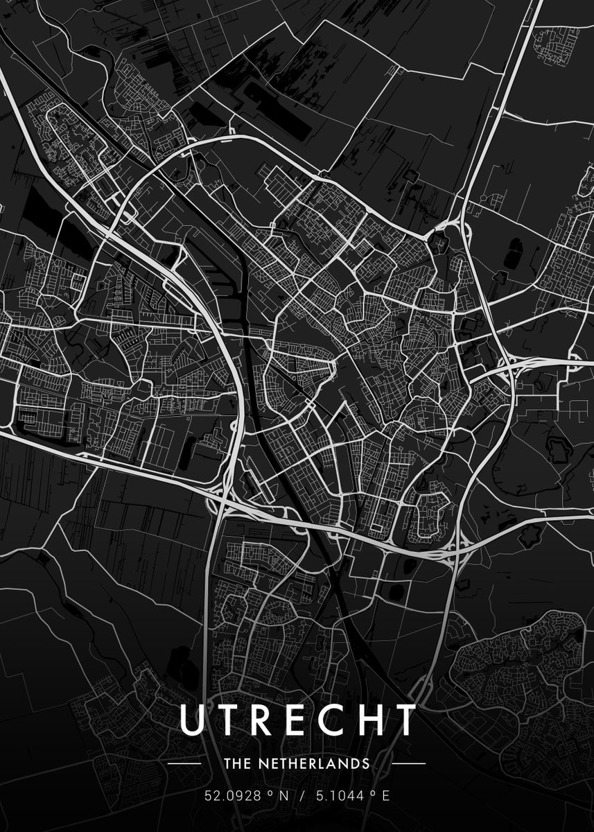 'Utrecht City Map Dark' Poster, picture, metal print, paint by MVDZ ...