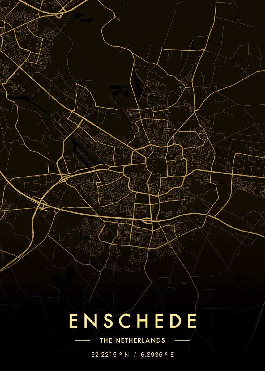 'Enschede City Map Gold' Poster, picture, metal print, paint by MVDZ ...