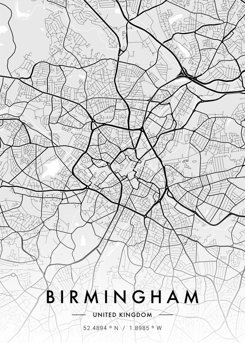 'Birmingham City Map White' Poster, picture, metal print, paint by MVDZ ...