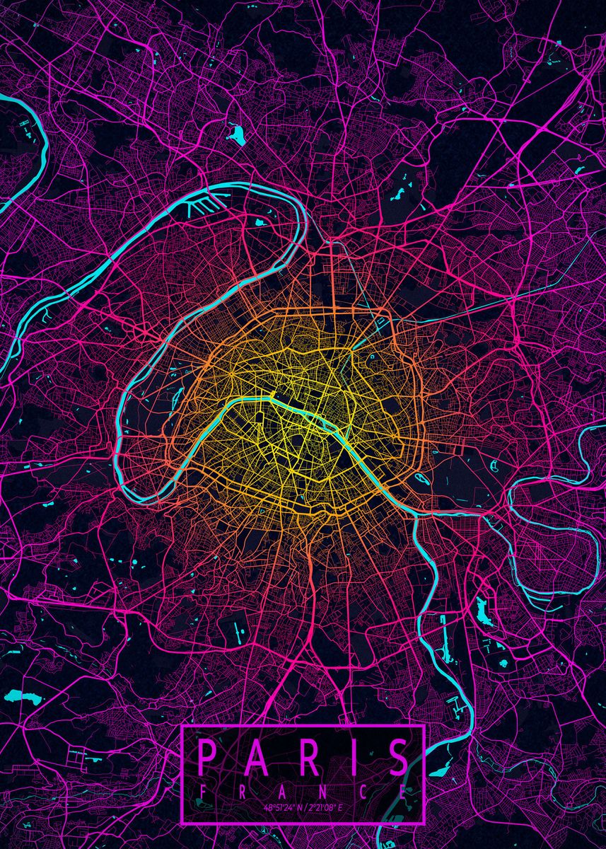 'Paris City Map Neon' Poster, picture, metal print, paint by deMAP ...