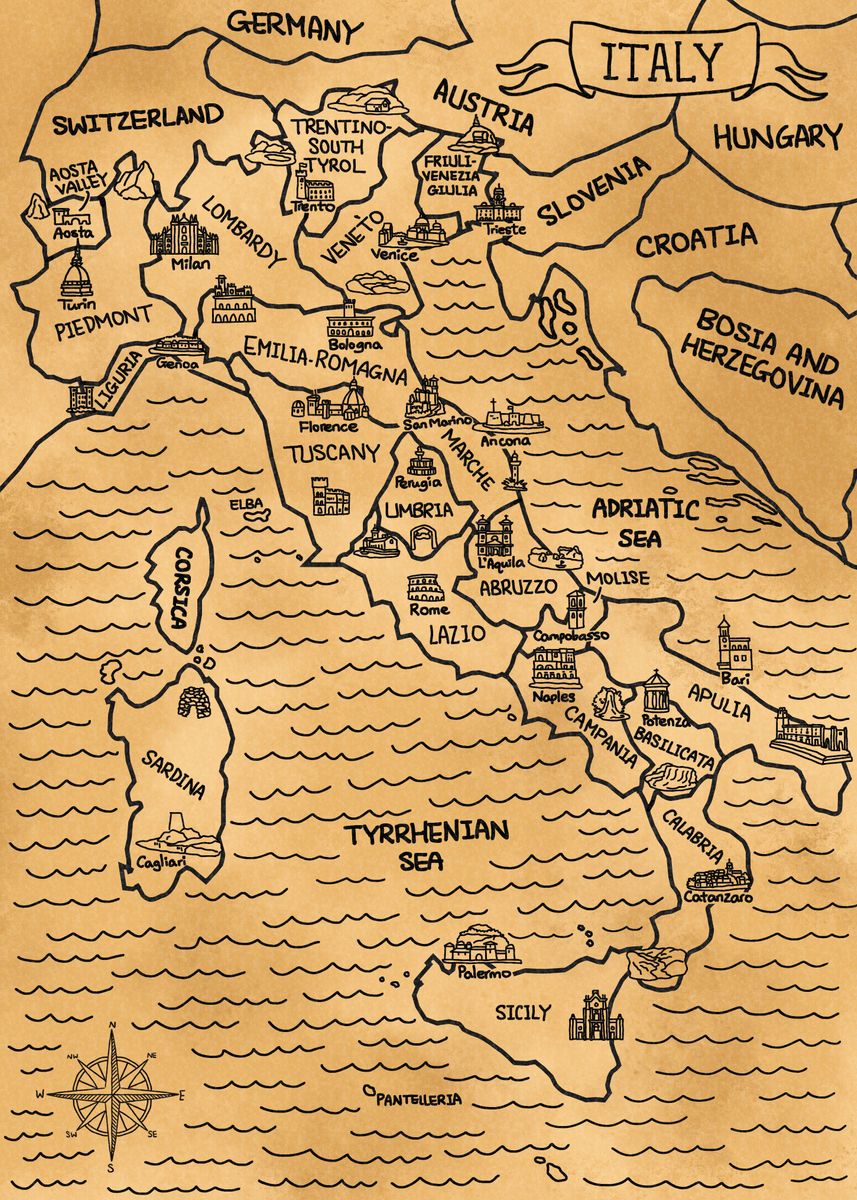 'Brown Vintage Map of Italy' Poster, picture, metal print, paint by ...