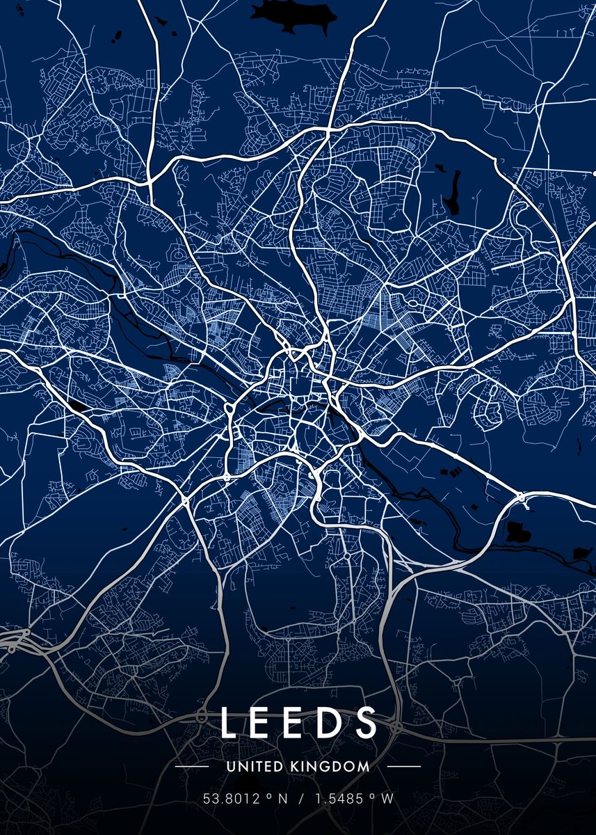'Leeds City Map Blueprint' Poster, picture, metal print, paint by MVDZ ...