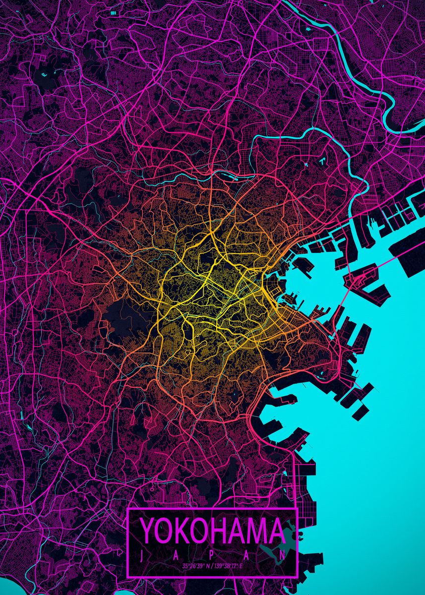 'Yokohama City Map Neon' Poster, picture, metal print, paint by deMAP ...