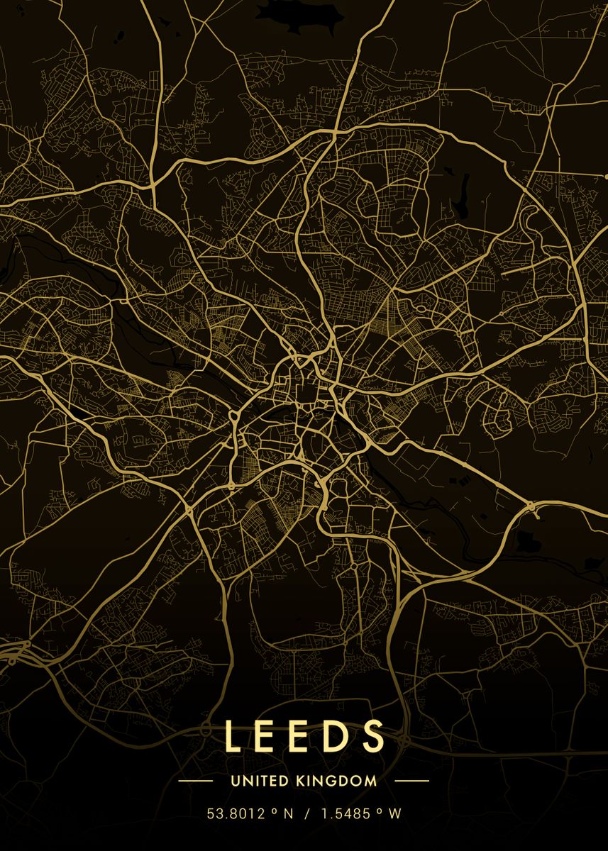 'Leeds City Map Gold' Poster, picture, metal print, paint by MVDZ ...