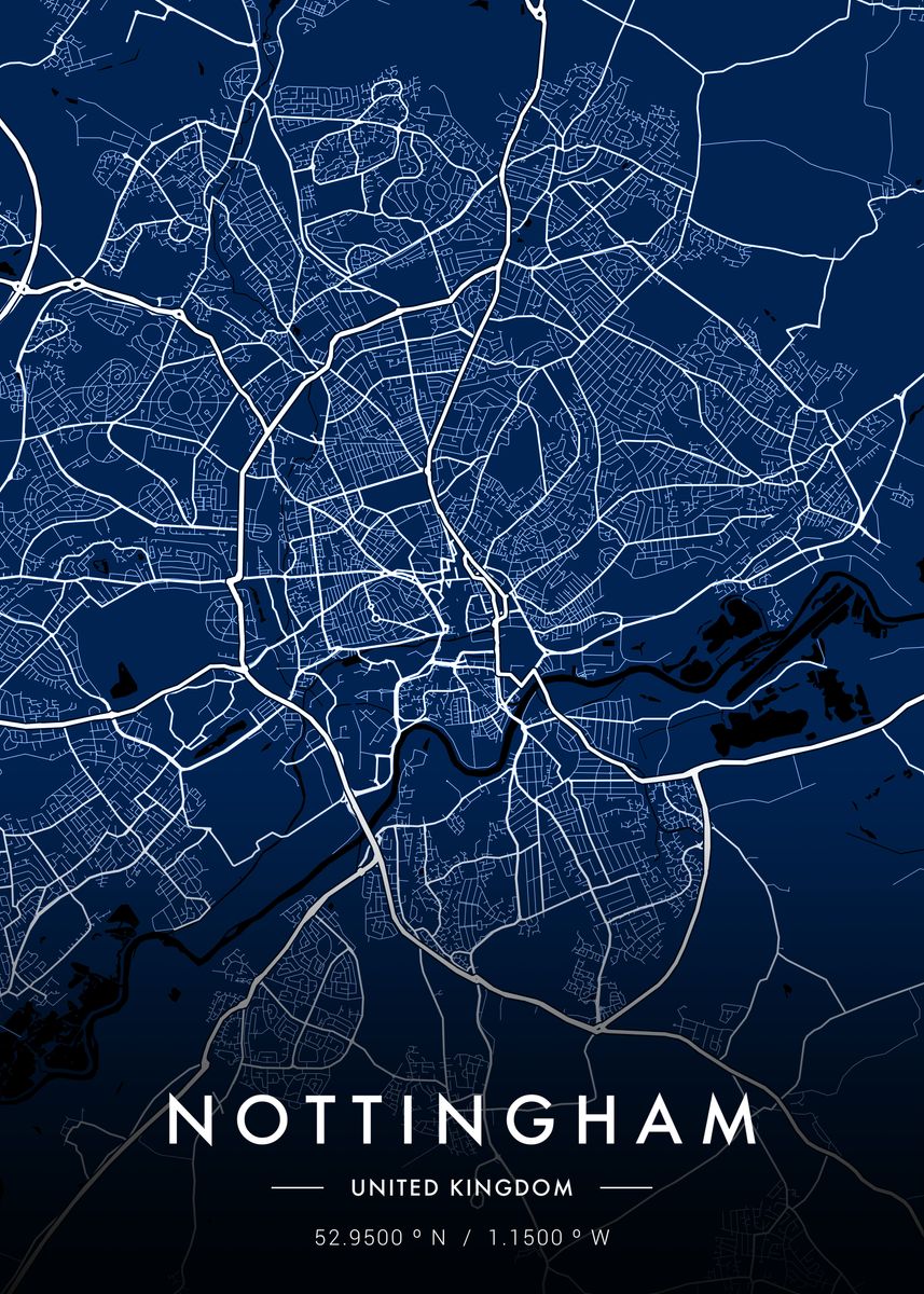 'Nottingham City Map Blue' Poster, picture, metal print, paint by MVDZ ...