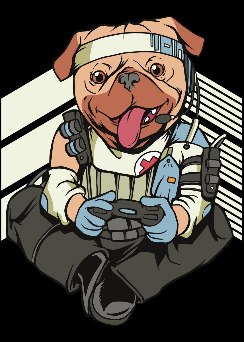 'Funny Gamer Pug Dog' Poster, picture, metal print, paint by Max Ronn ...