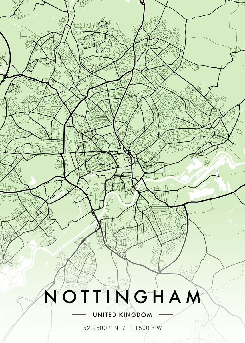 'Nottingham City Map Green' Poster, picture, metal print, paint by MVDZ ...