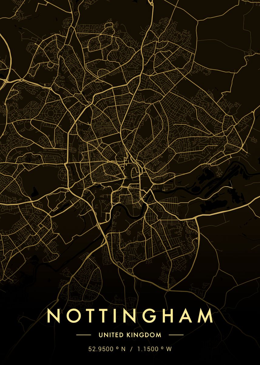 'Nottingham City Map Gold' Poster, picture, metal print, paint by MVDZ ...