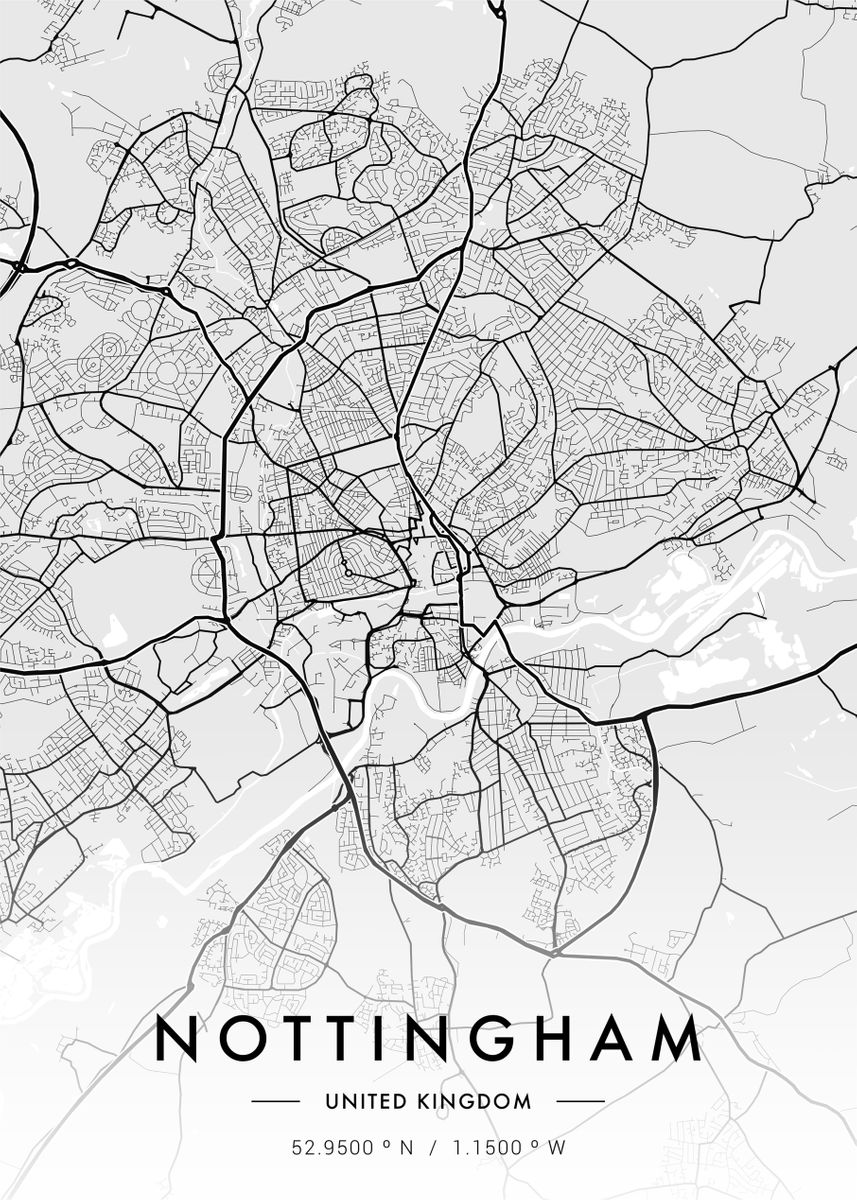'Nottingham City Map White' Poster, picture, metal print, paint by MVDZ ...