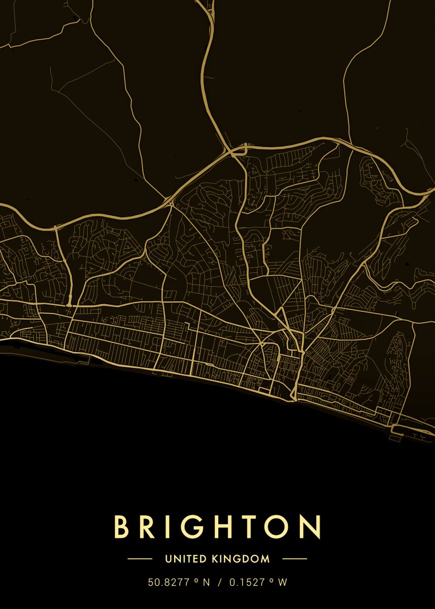 'Brighton City Map Gold' Poster, picture, metal print, paint by MVDZ ...