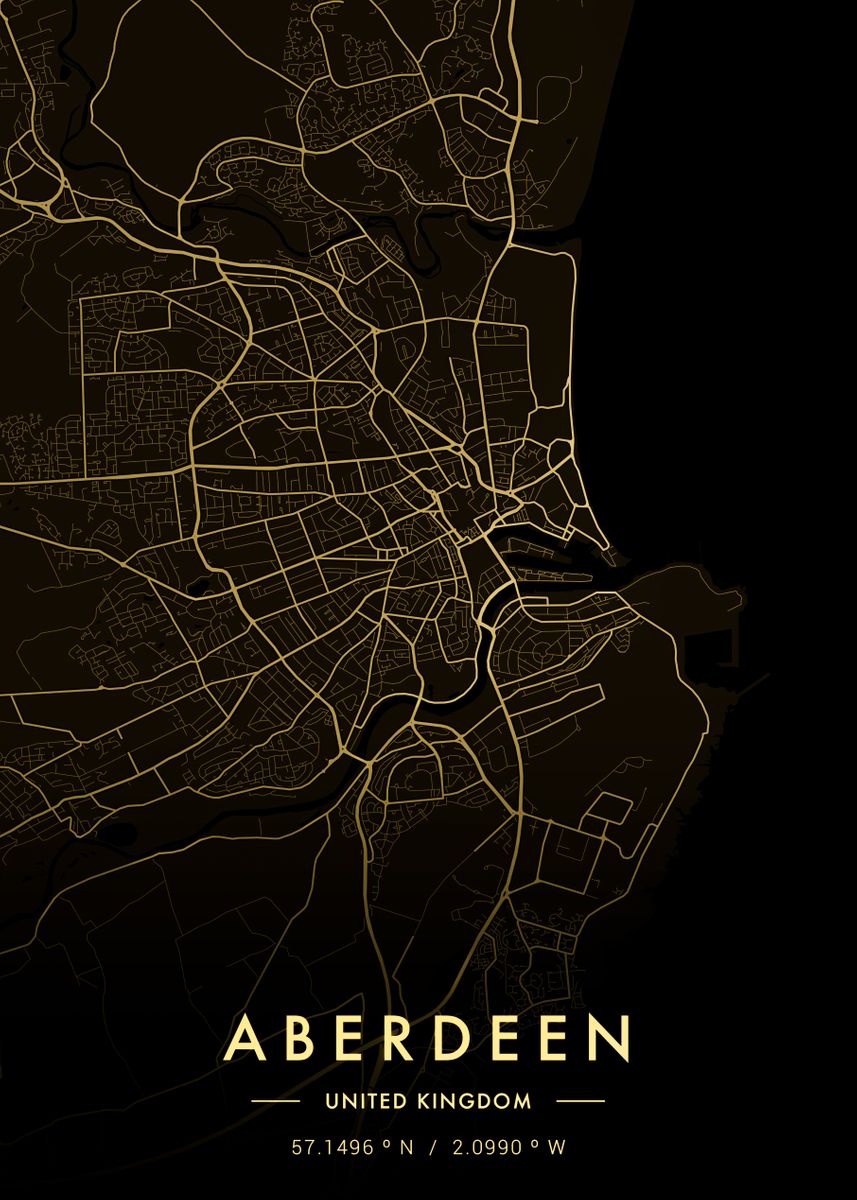 'Aberdeen City Map Gold' Poster, picture, metal print, paint by MVDZ ...