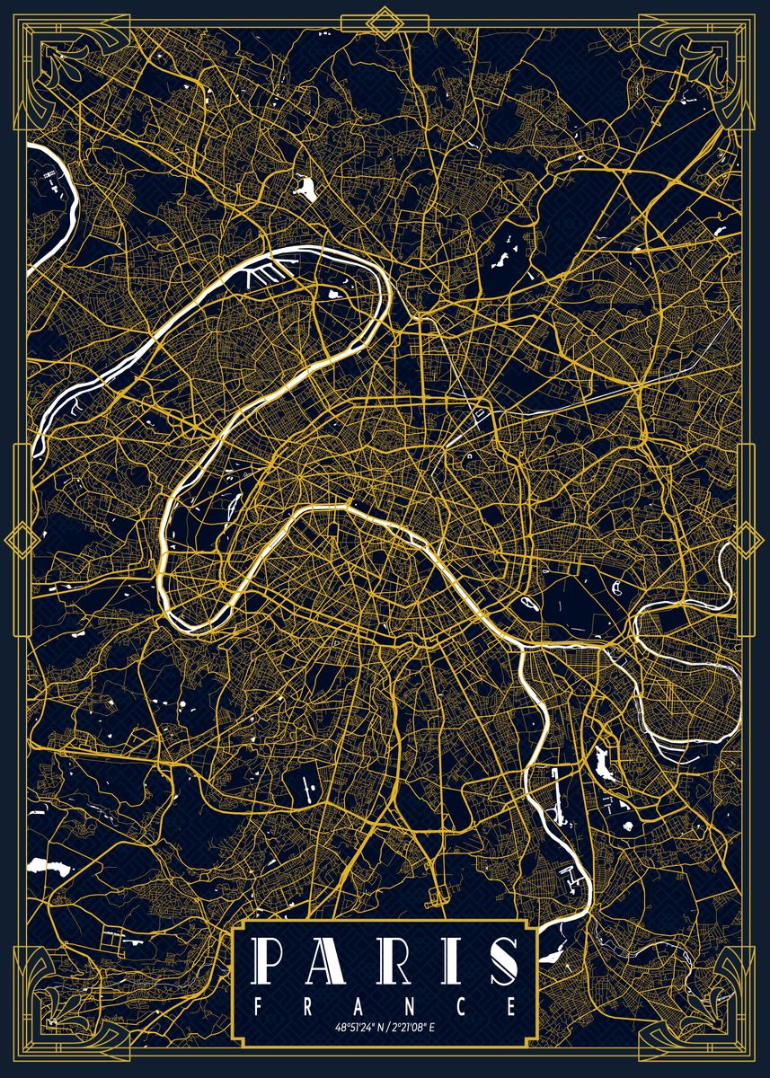 'Paris City Map Art Deco' Poster, picture, metal print, paint by deMAP ...