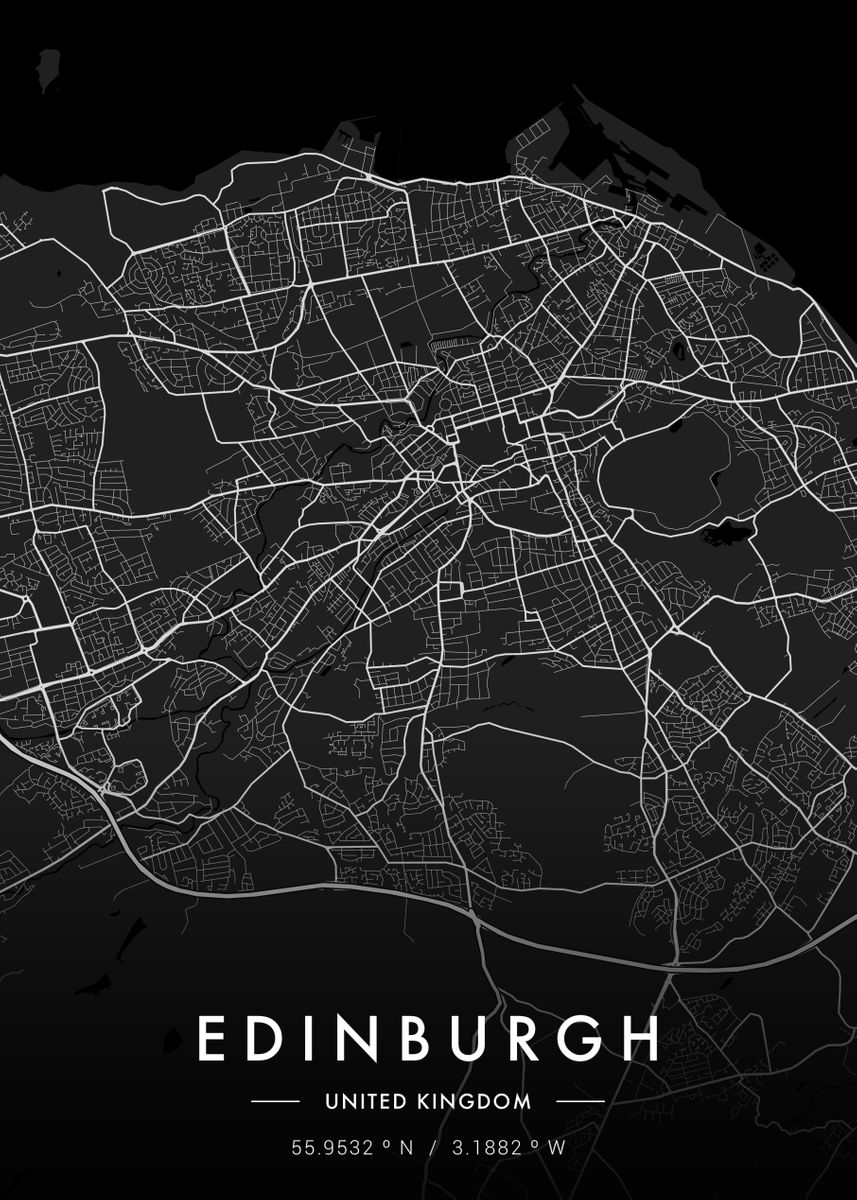 'Edinburgh City Map Dark' Poster, picture, metal print, paint by MVDZ ...