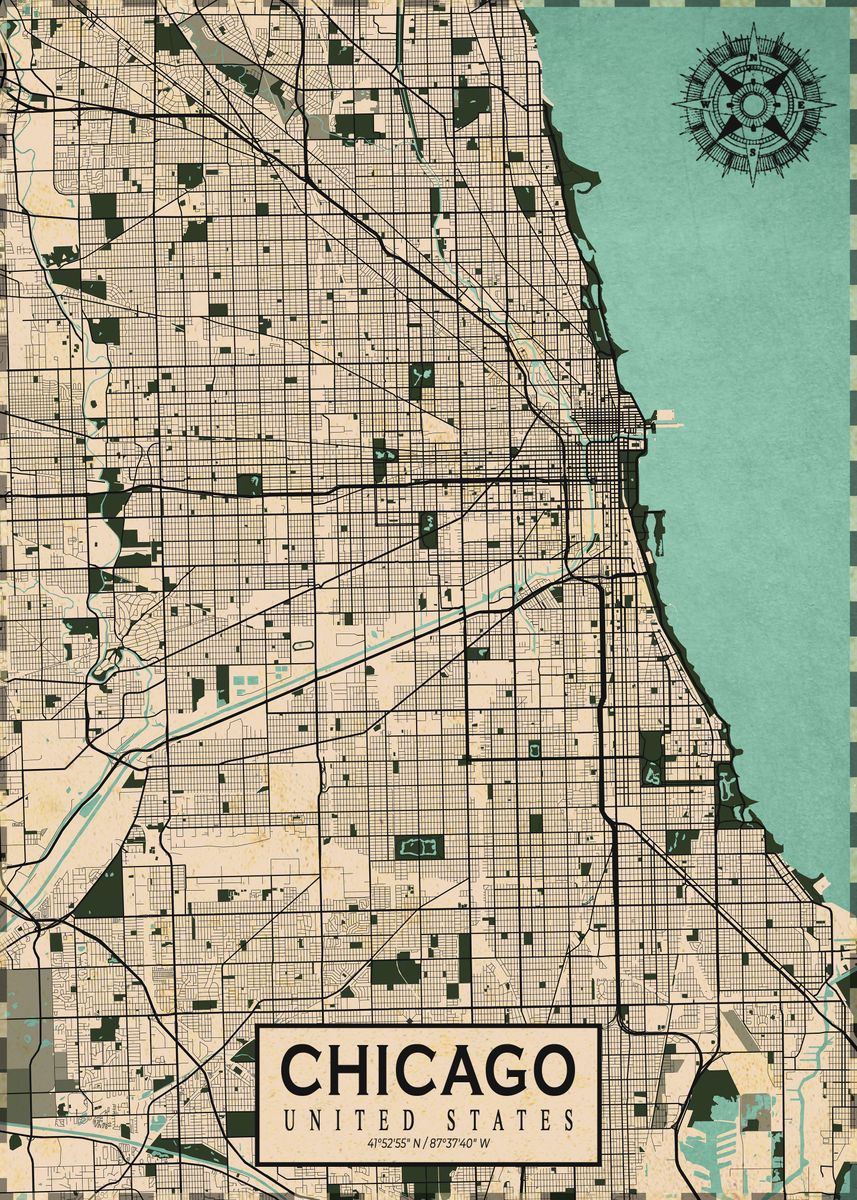 'Chicago City Map Vintage' Poster, picture, metal print, paint by deMAP ...
