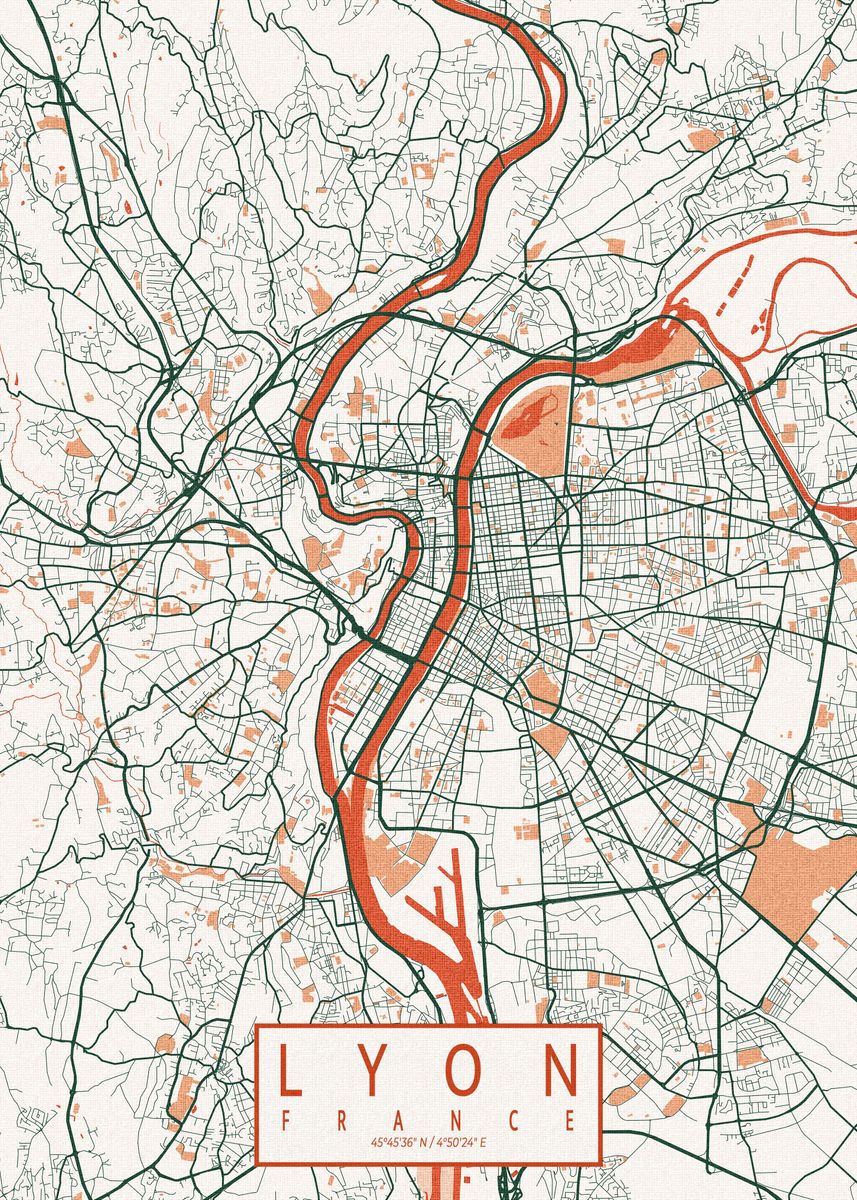 'Lyon City Map Bohemian' Poster, picture, metal print, paint by deMAP ...