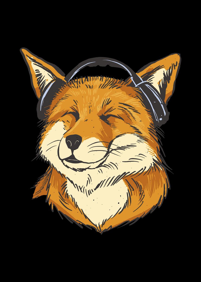 'Happy fox with headphones' Poster, picture, metal print, paint by ...