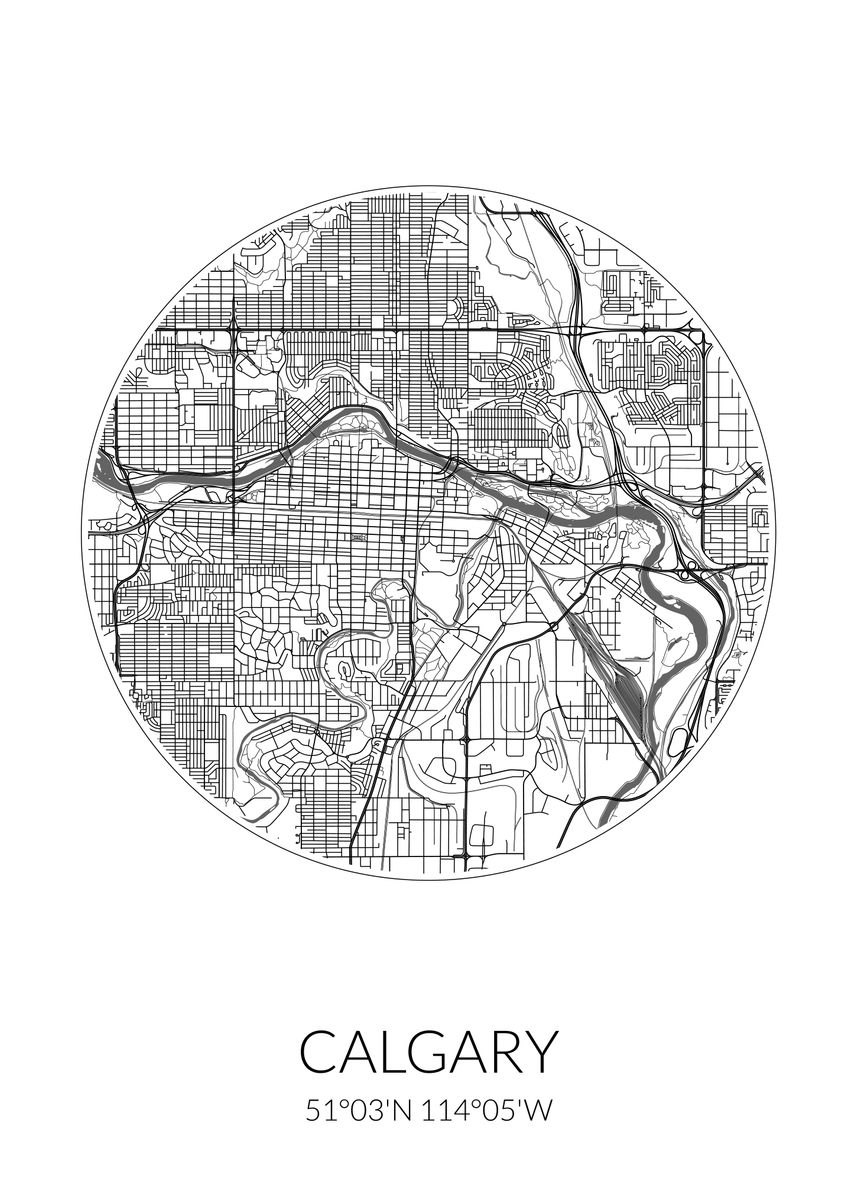 'Calgary City Map White' Poster, picture, metal print, paint by ...