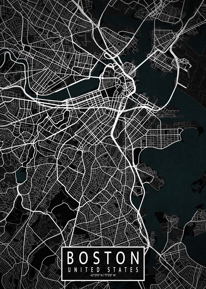 'Boston City Map Dark' Poster, picture, metal print, paint by deMAP ...