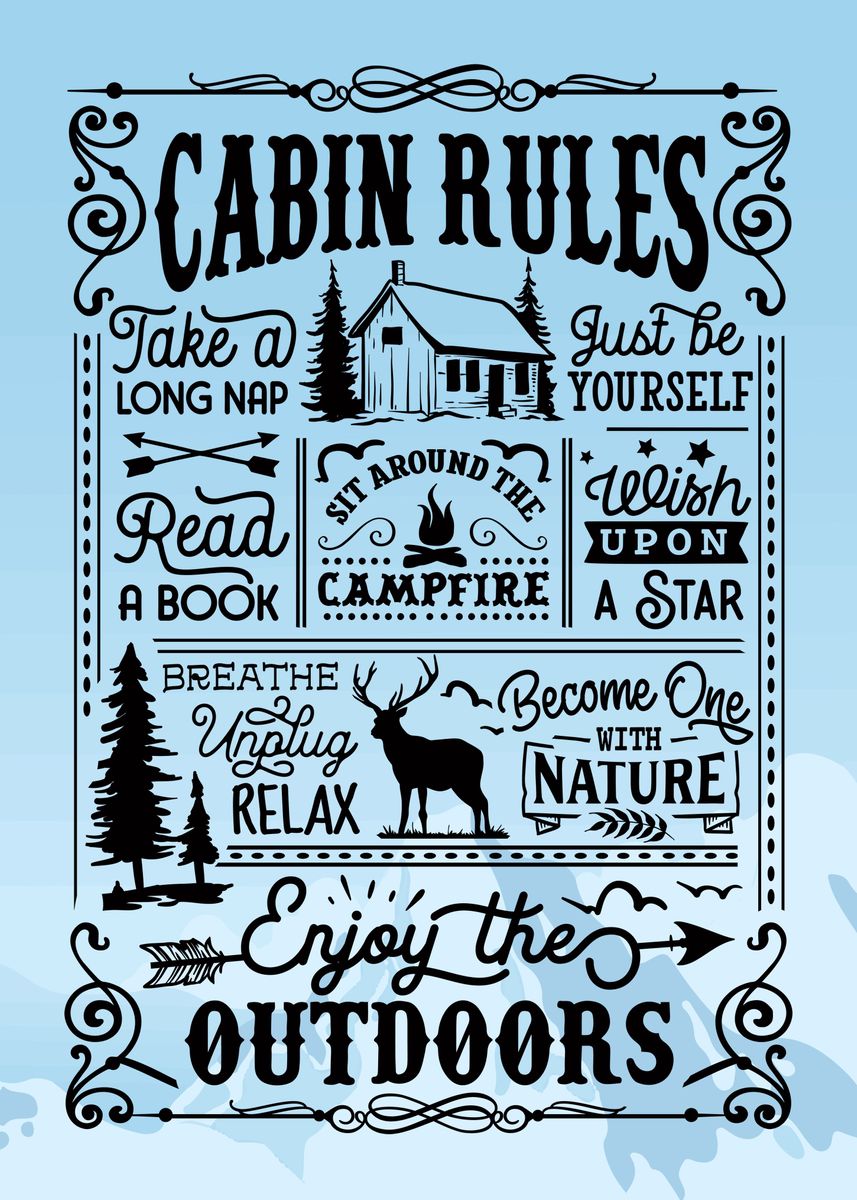 'Cabin Rules ' Poster, picture, metal print, paint by Tony Lee | Displate