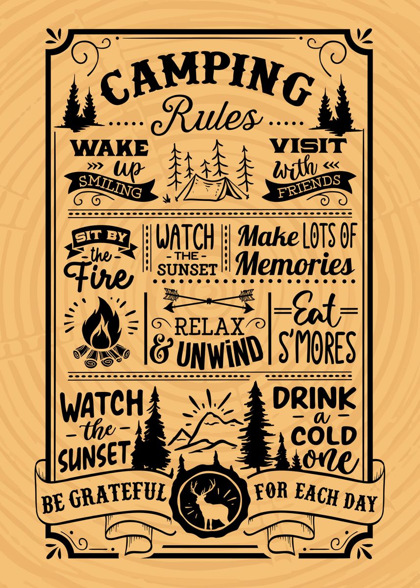 'Camping Rules ' Poster, picture, metal print, paint by Tony Lee | Displate