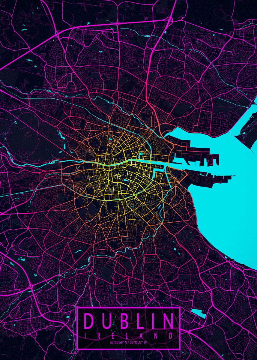 'Dublin City Map Neon' Poster, picture, metal print, paint by deMAP ...